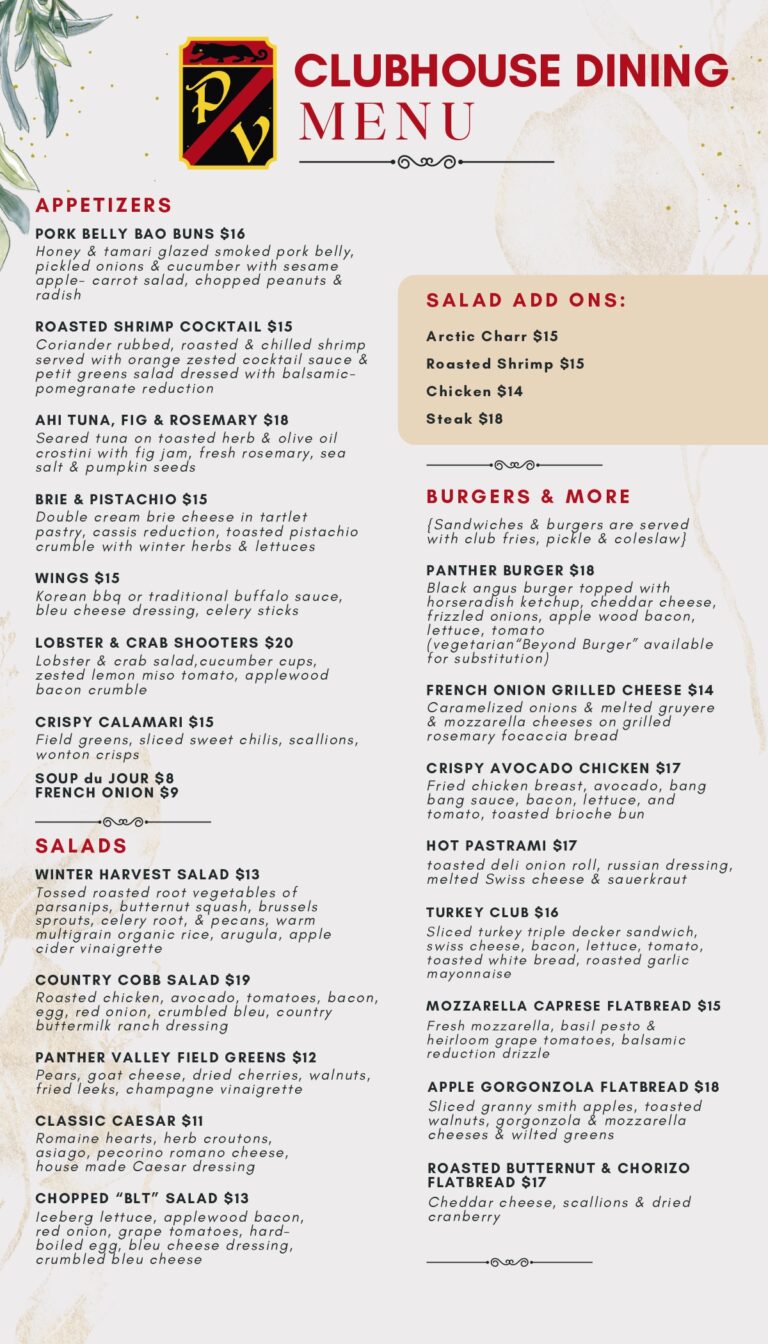 Club House Menu - Panther Valley Golf Country Club